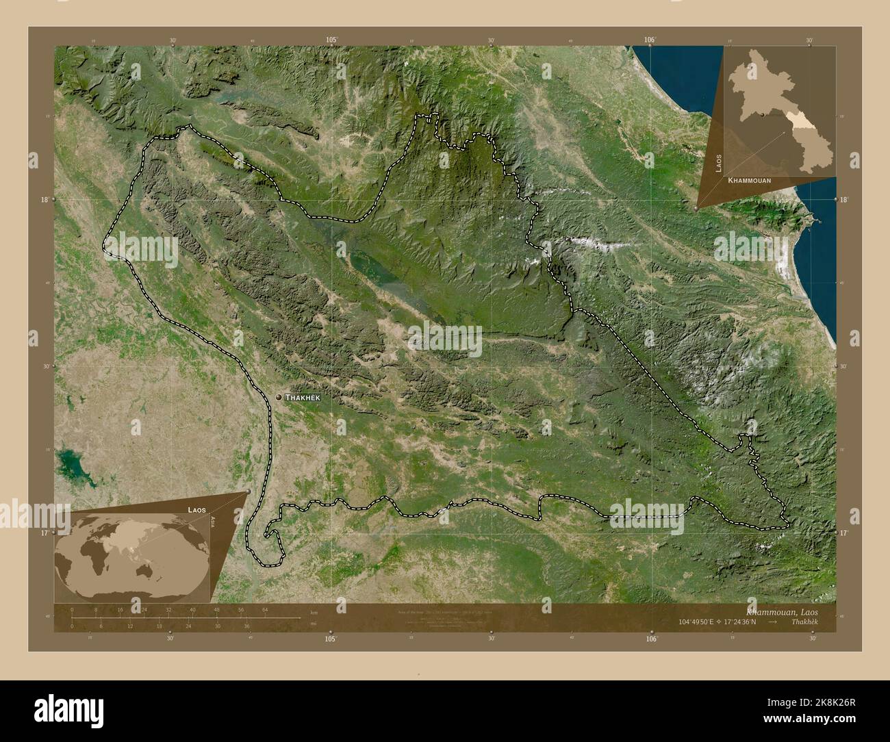 Khammouan, province of Laos. Low resolution satellite map. Locations ...