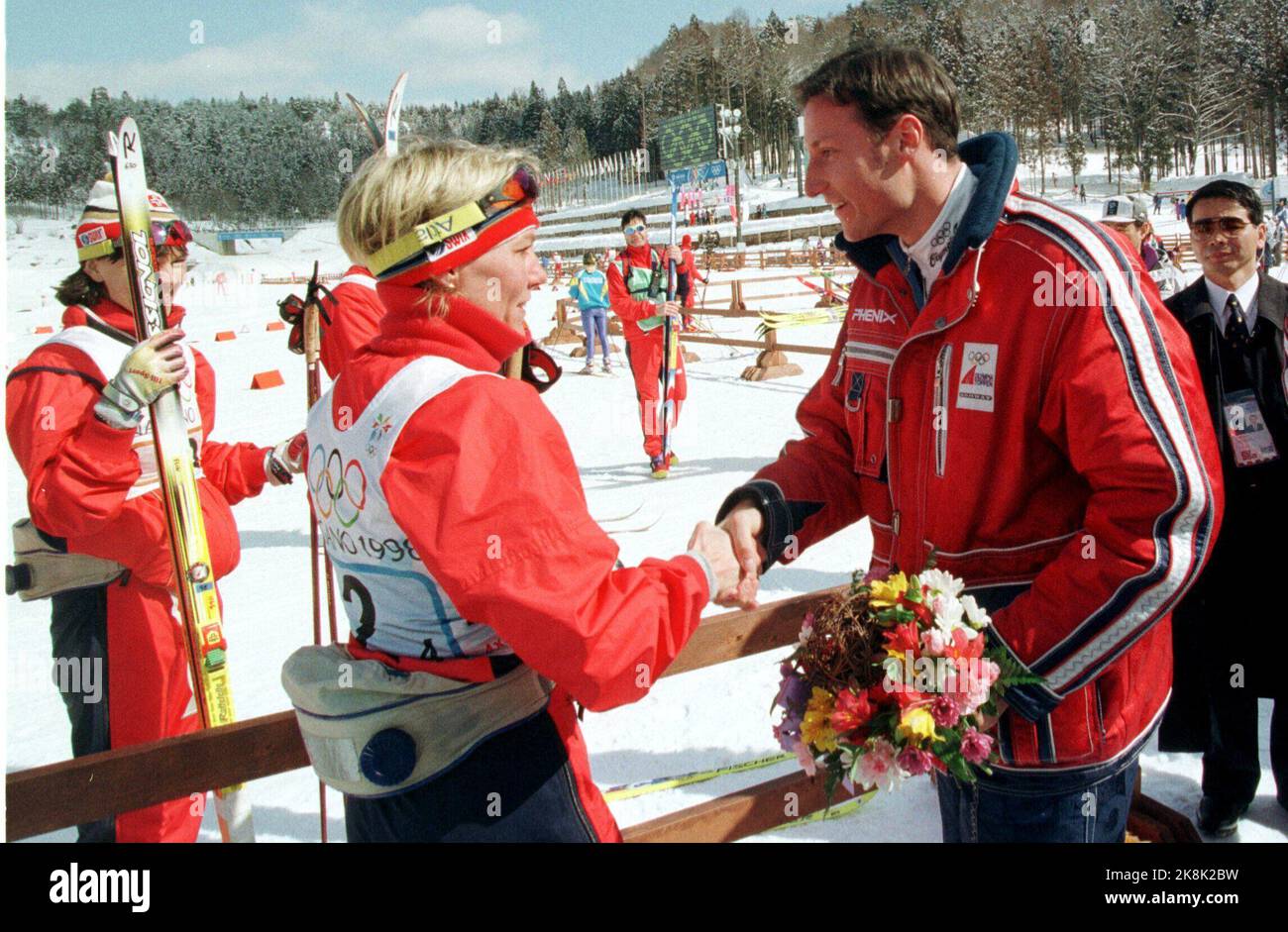Nagano, Japan 19980216: Crown Prince Haakon greets Anita Moen Guidon ...