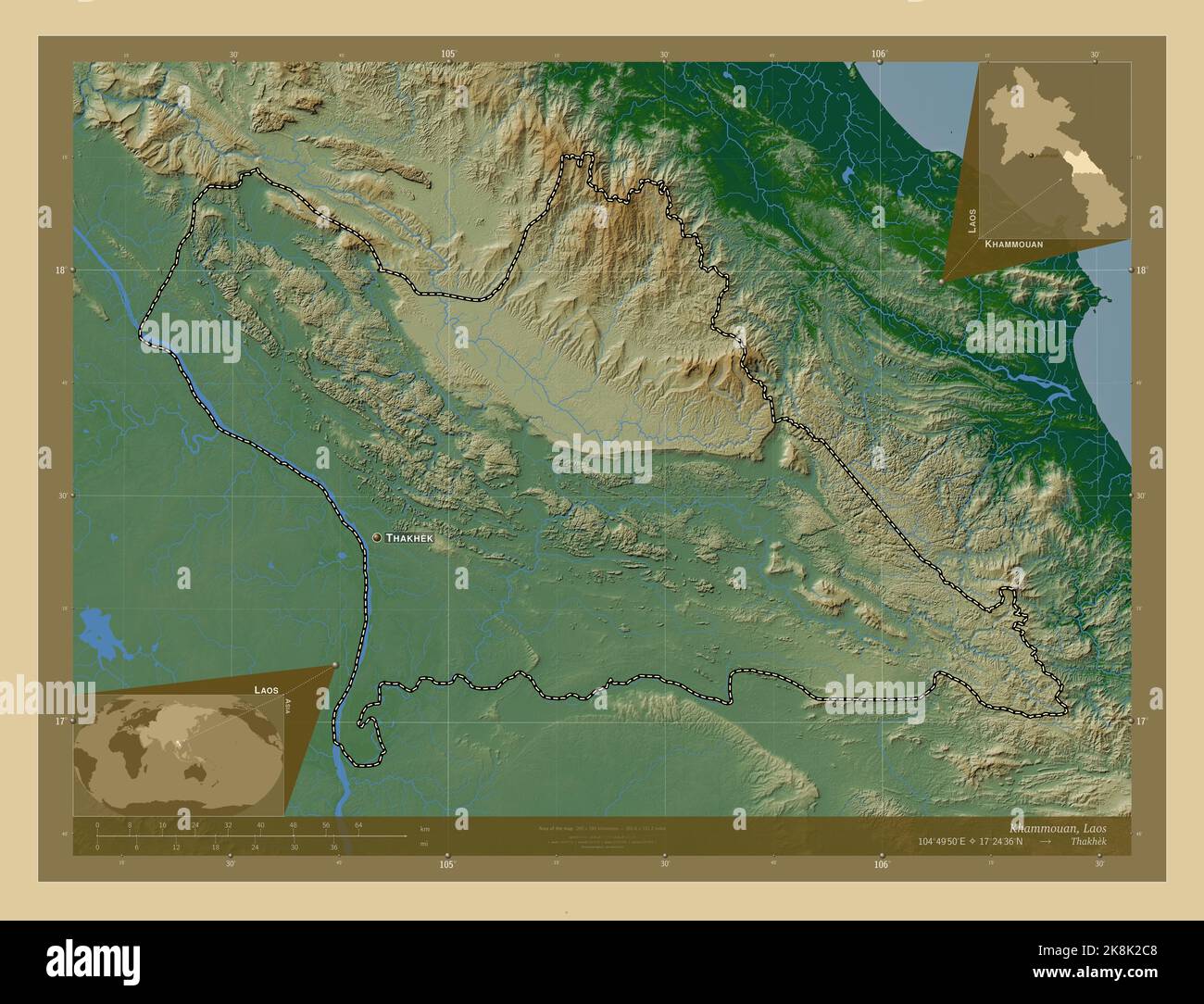 Khammouan, province of Laos. Colored elevation map with lakes and ...