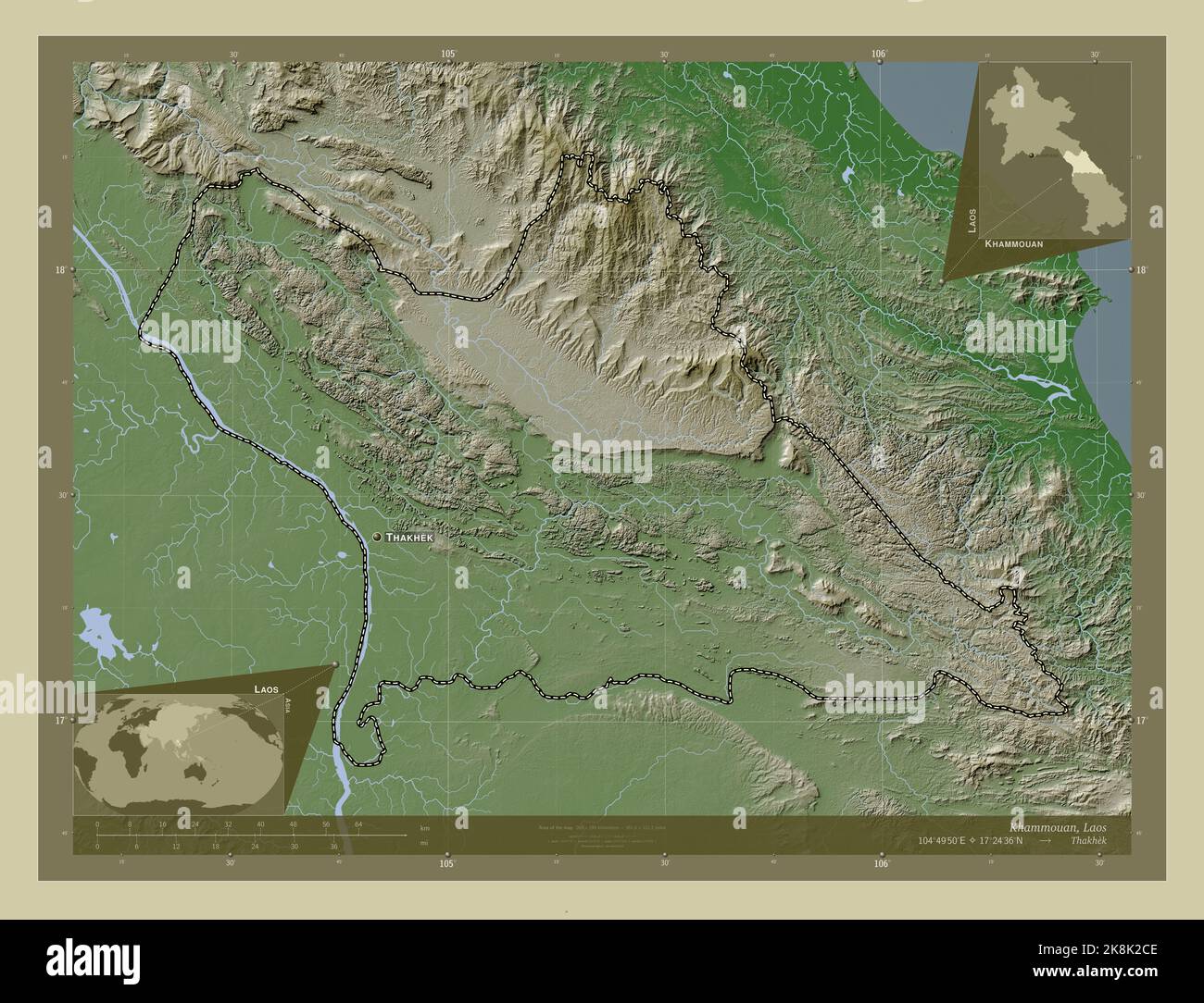 Khammouan, province of Laos. Elevation map colored in wiki style with lakes and rivers ...