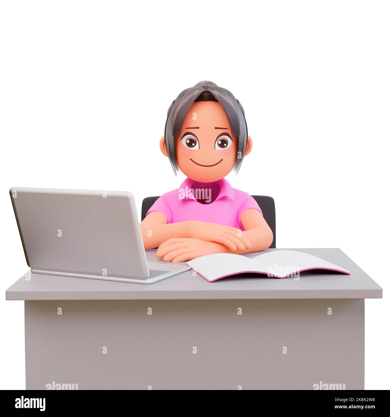 A 3d render of a cartoon character girl sitting near the desk with a ...