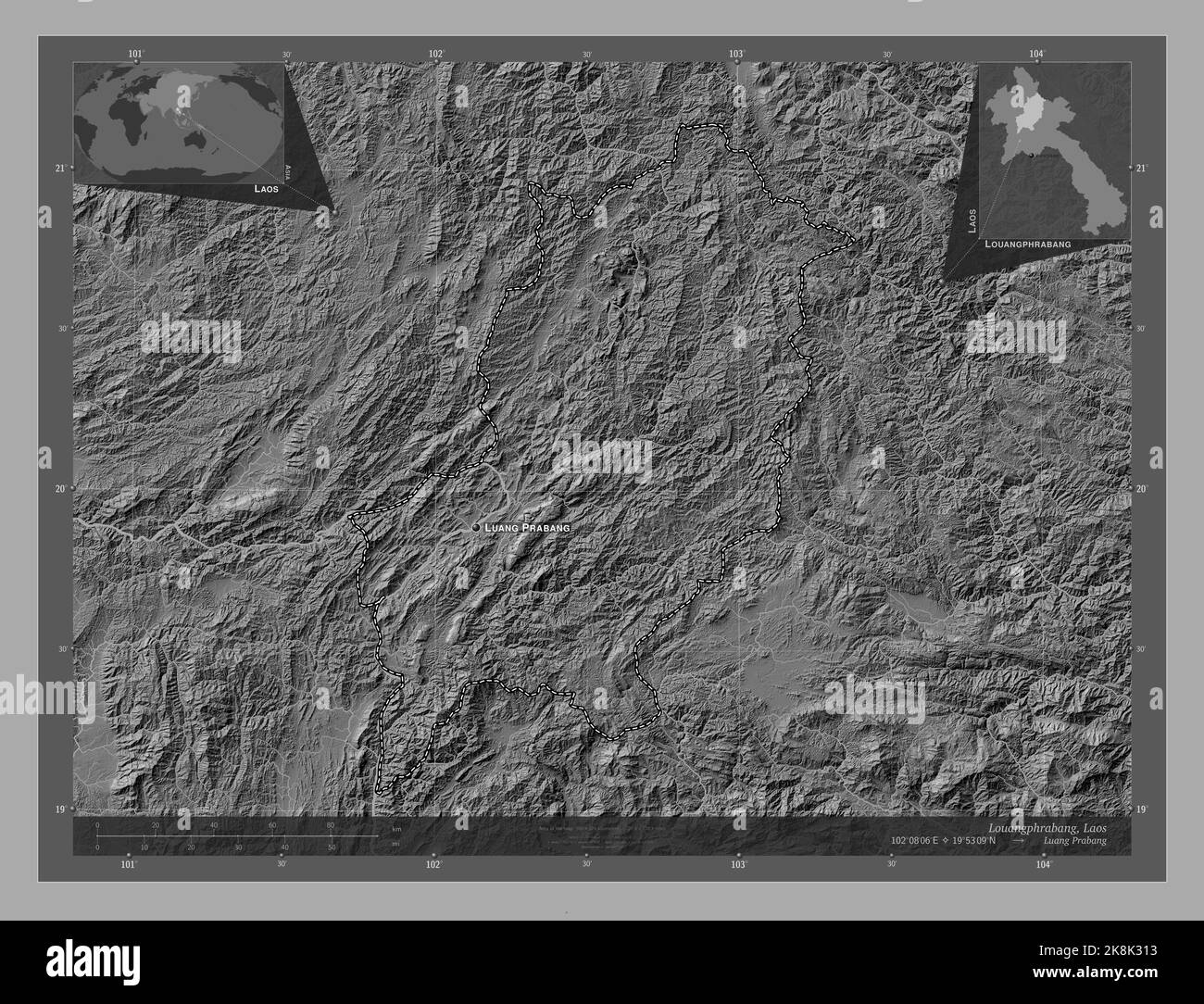Louangphrabang, province of Laos. Bilevel elevation map with lakes and ...