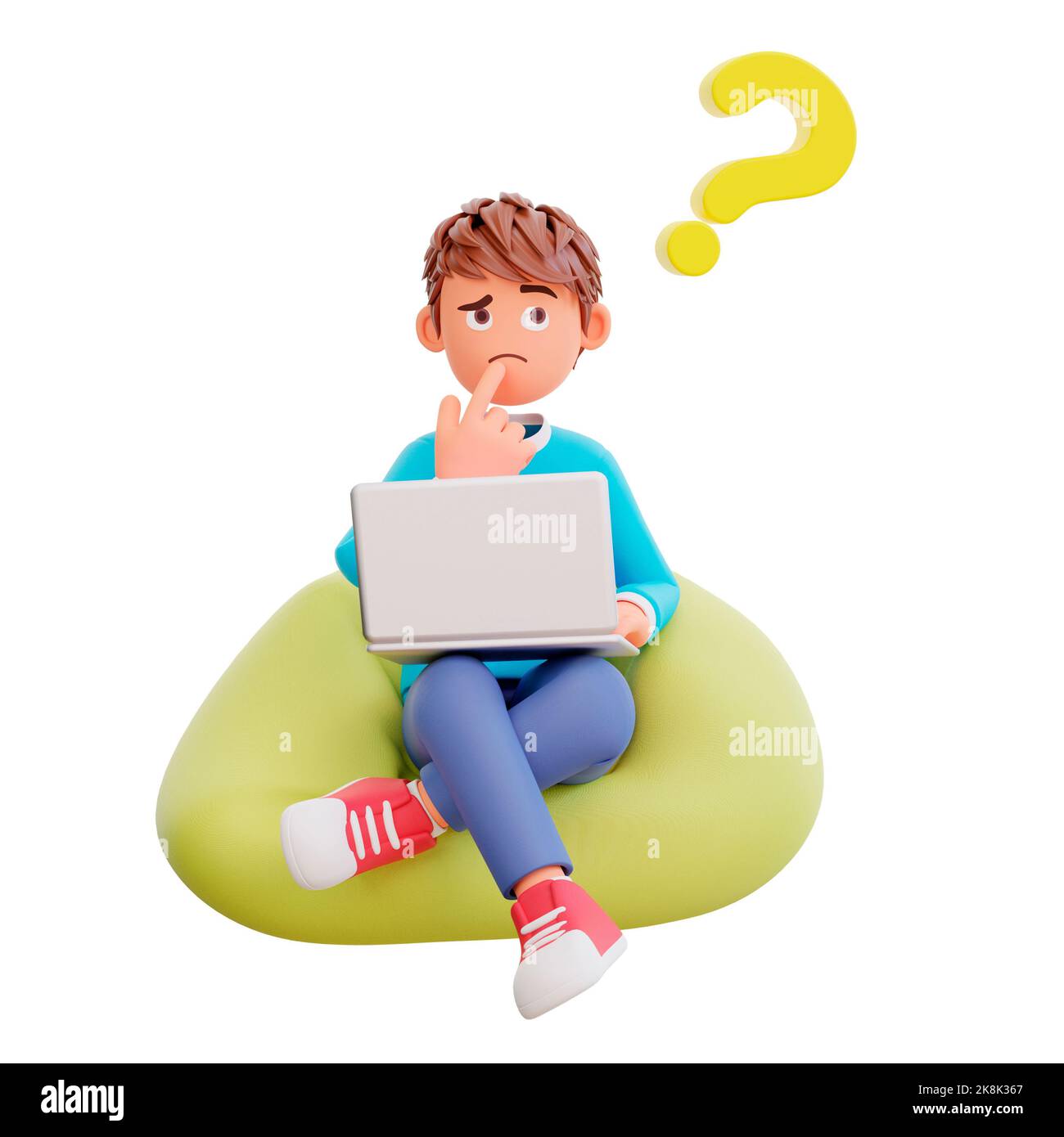 A 3d render of a cartoon character boy sitting on the bean bag holding ...
