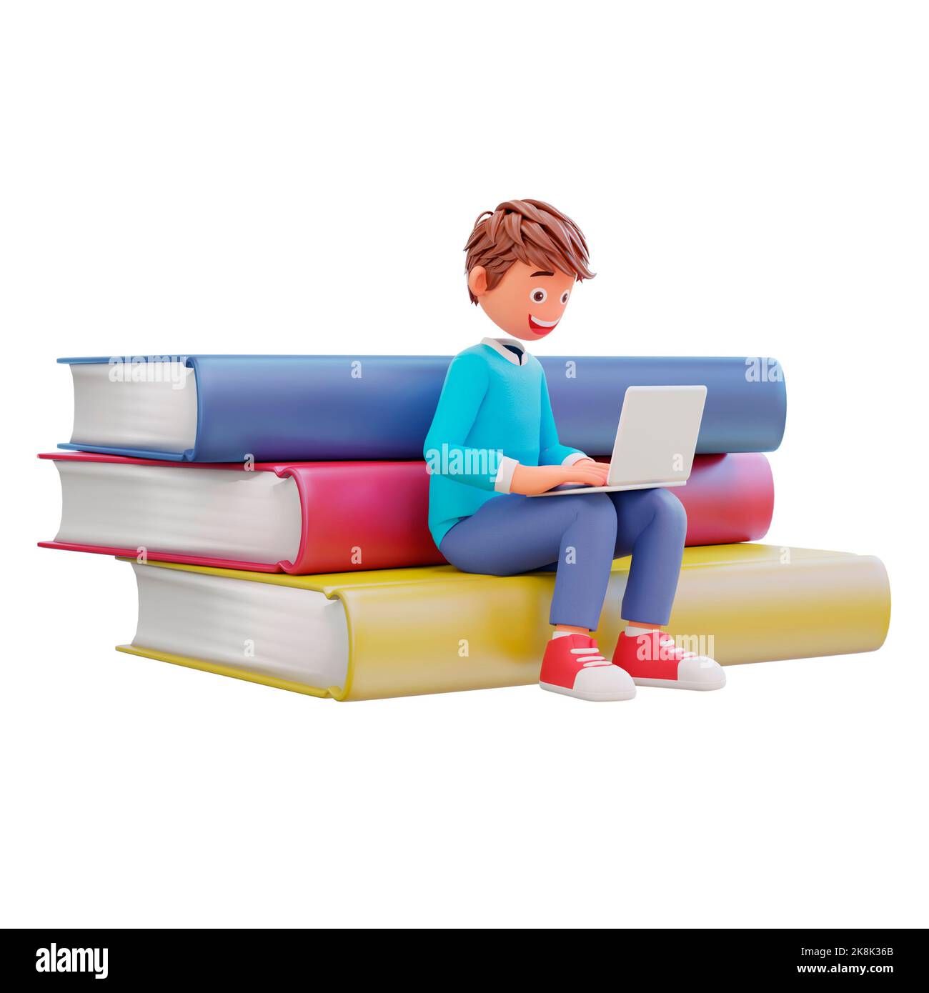 A 3d render of a cartoon character boy sitting on the book pile with ...