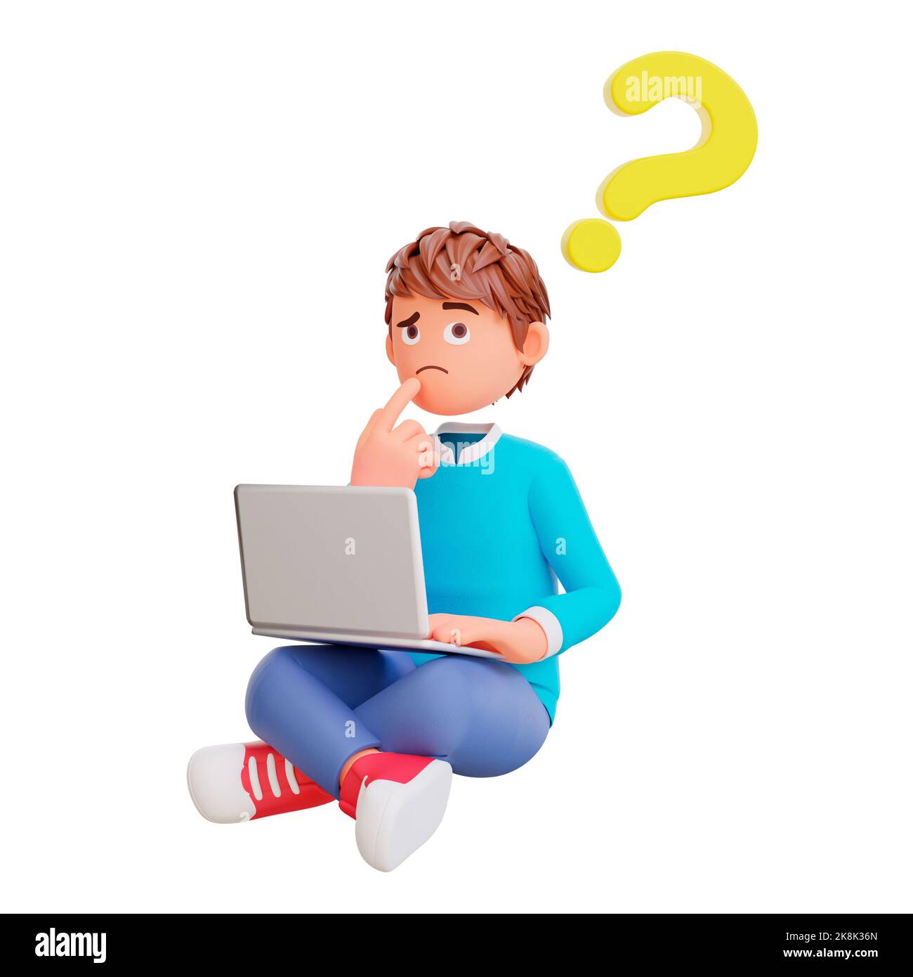 A 3d render of a cartoon character boy sitting with his laptop and ...