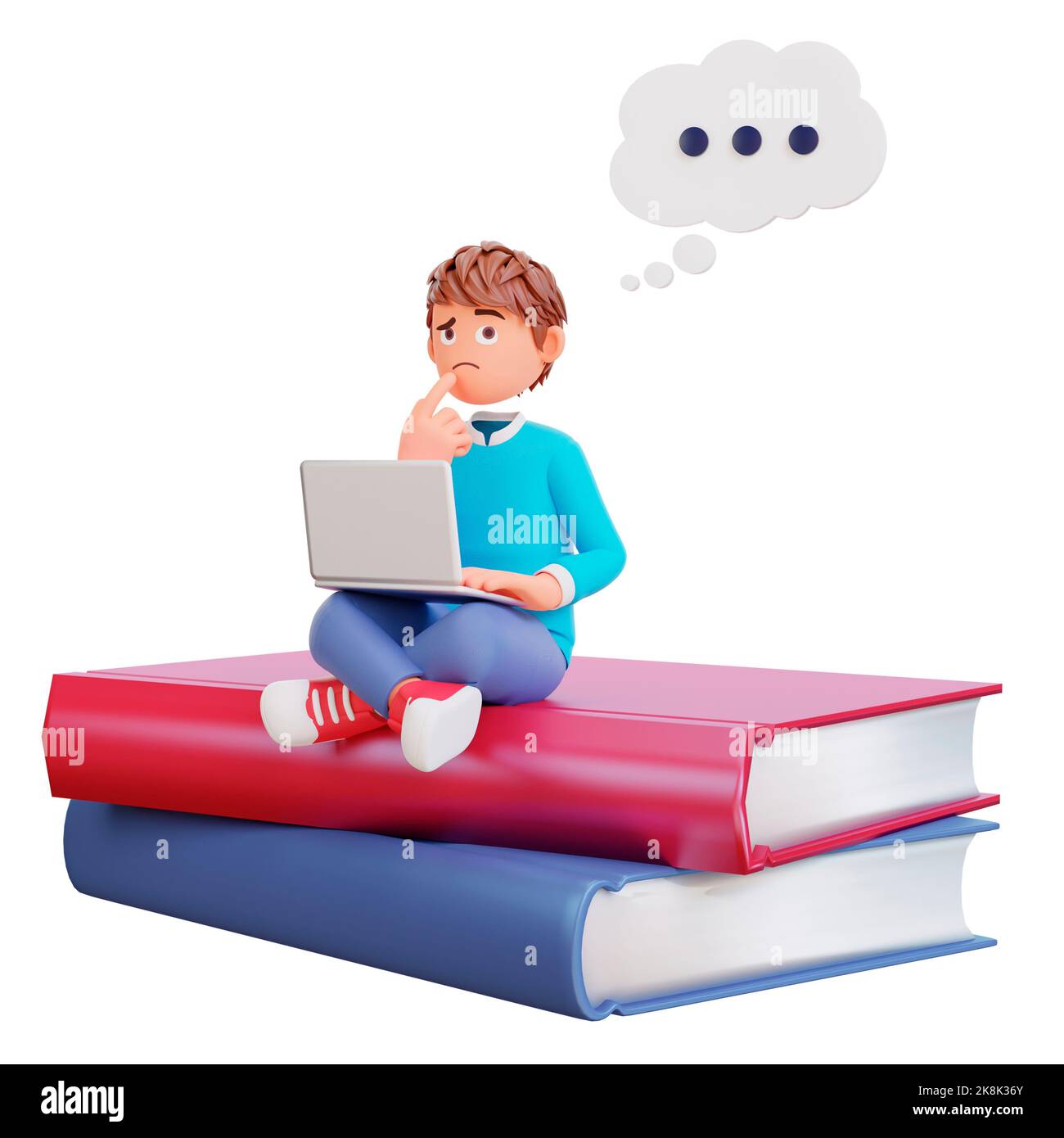 A 3d render of a cartoon character boy sitting on the book pile holding ...