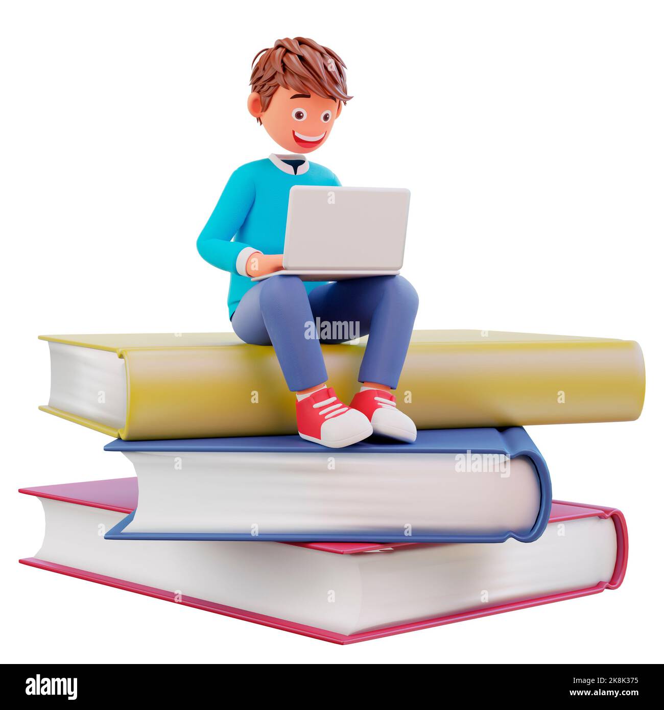 A 3d render of a cartoon character boy sitting on the book pile with ...