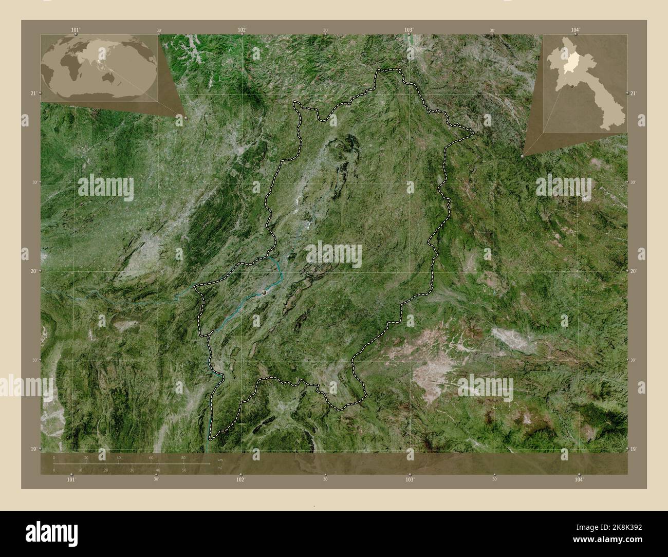Louangphrabang, province of Laos. High resolution satellite map. Corner ...