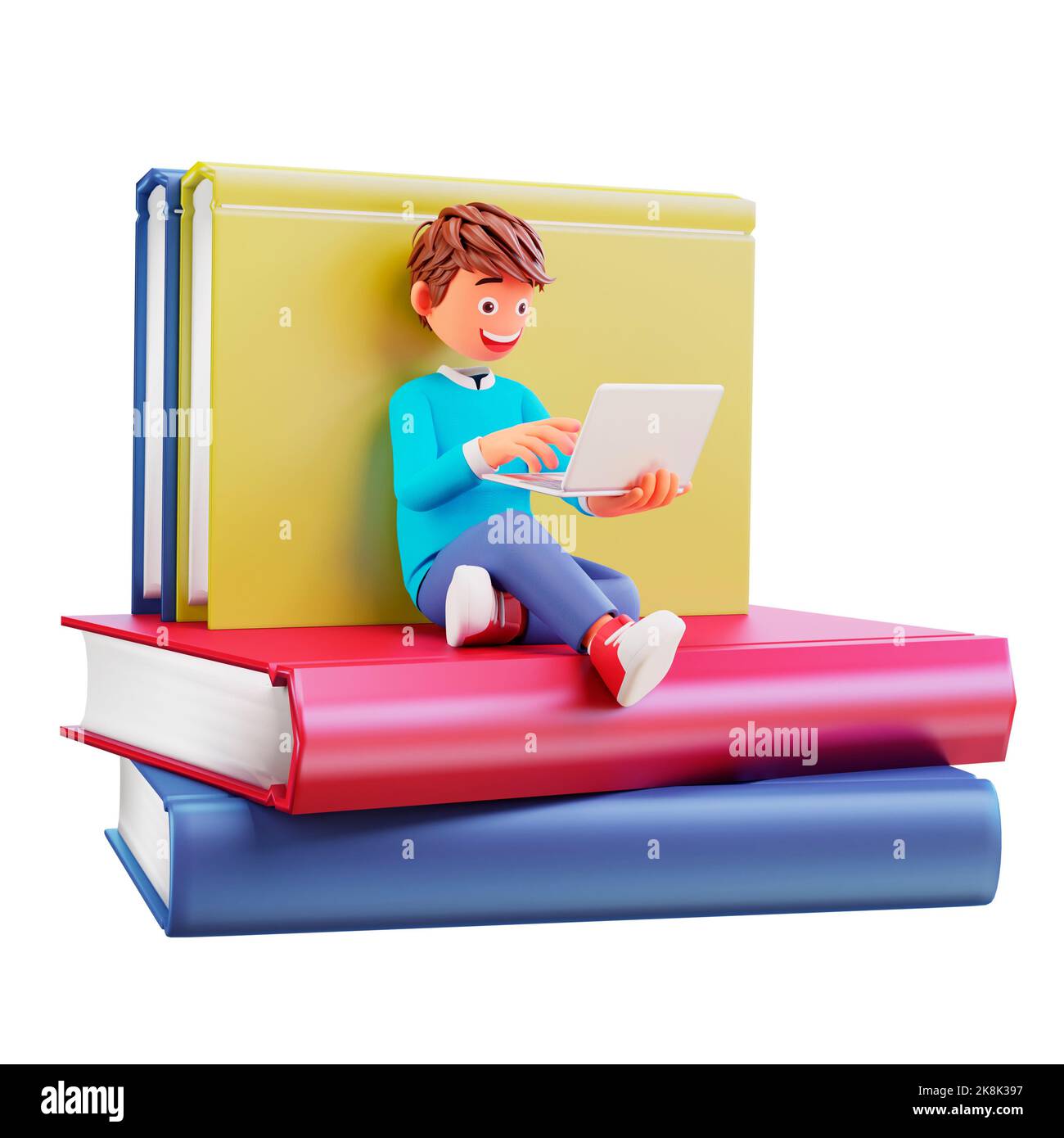 A 3d render of a cartoon character boy sitting on the book pile and ...