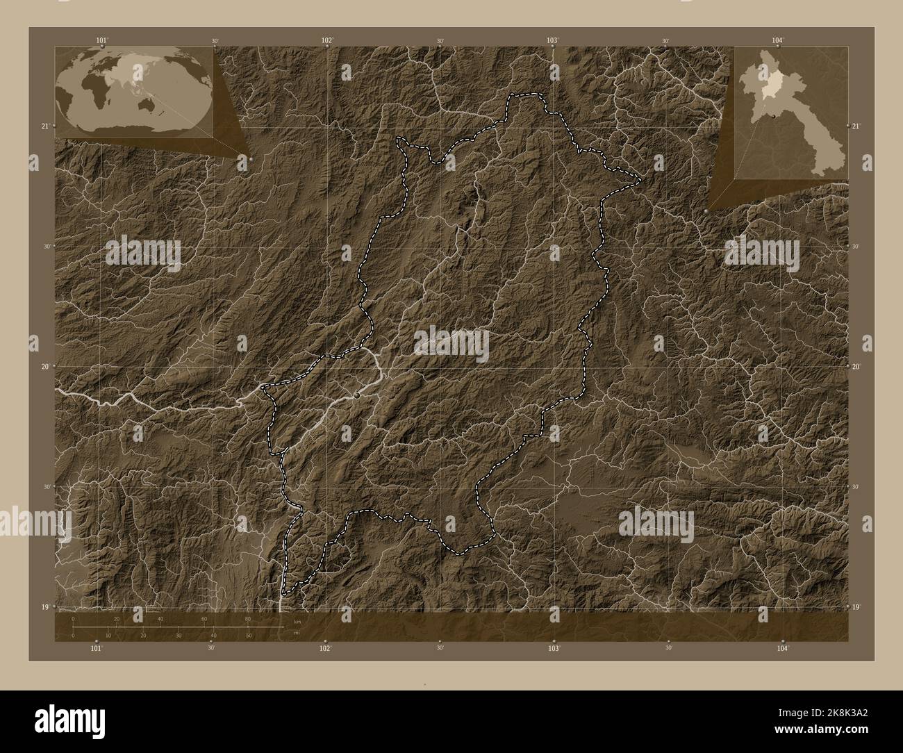 Louangphrabang, province of Laos. Elevation map colored in sepia tones ...