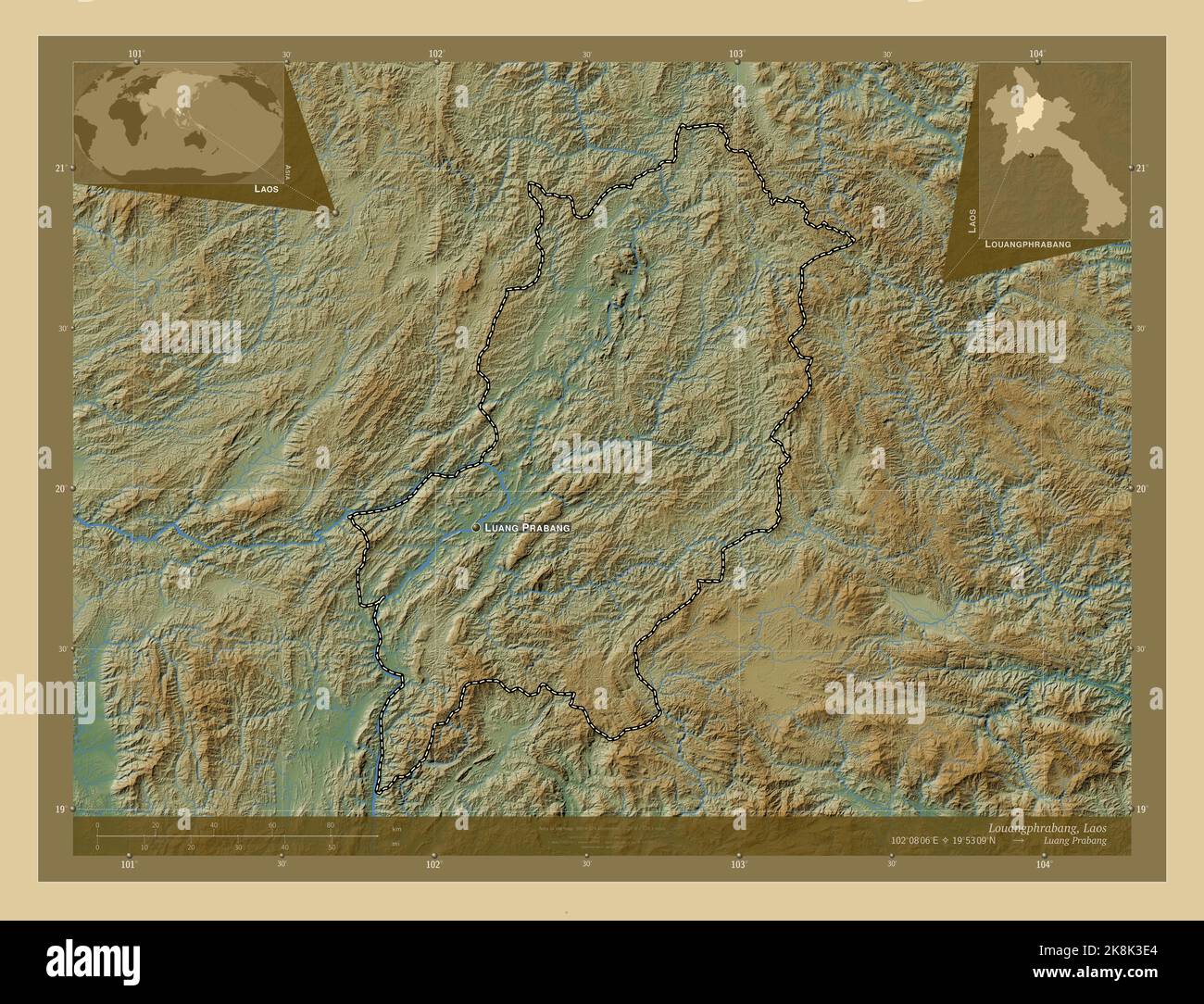 Louangphrabang, province of Laos. Colored elevation map with lakes and ...