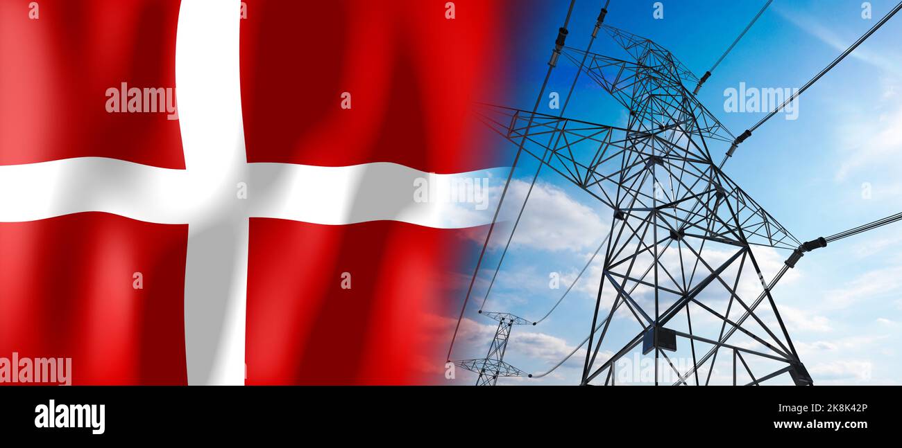 Denmark - country flag and electricity pylons - 3D illustration Stock ...