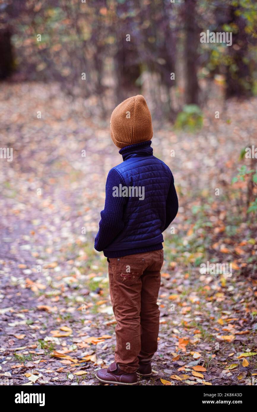 sad little boy in autumn park walking Stock Photo - Alamy