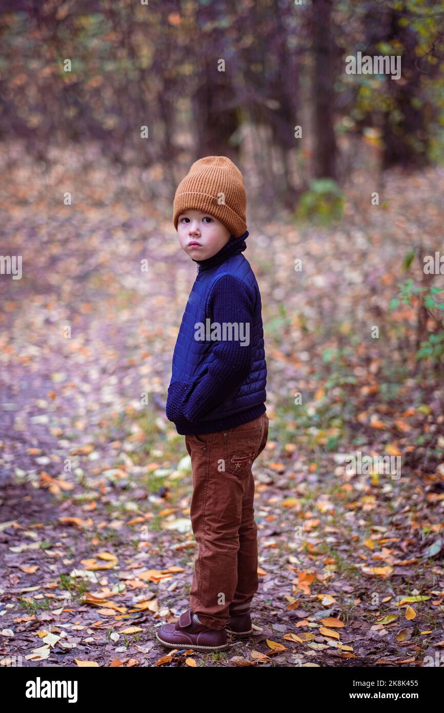 sad little boy in autumn park walking Stock Photo - Alamy