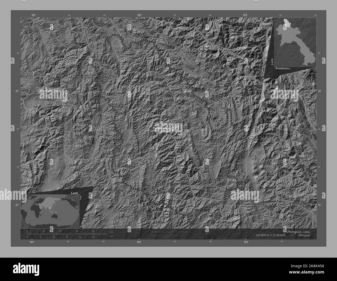 Phongsali, province of Laos. Bilevel elevation map with lakes and ...
