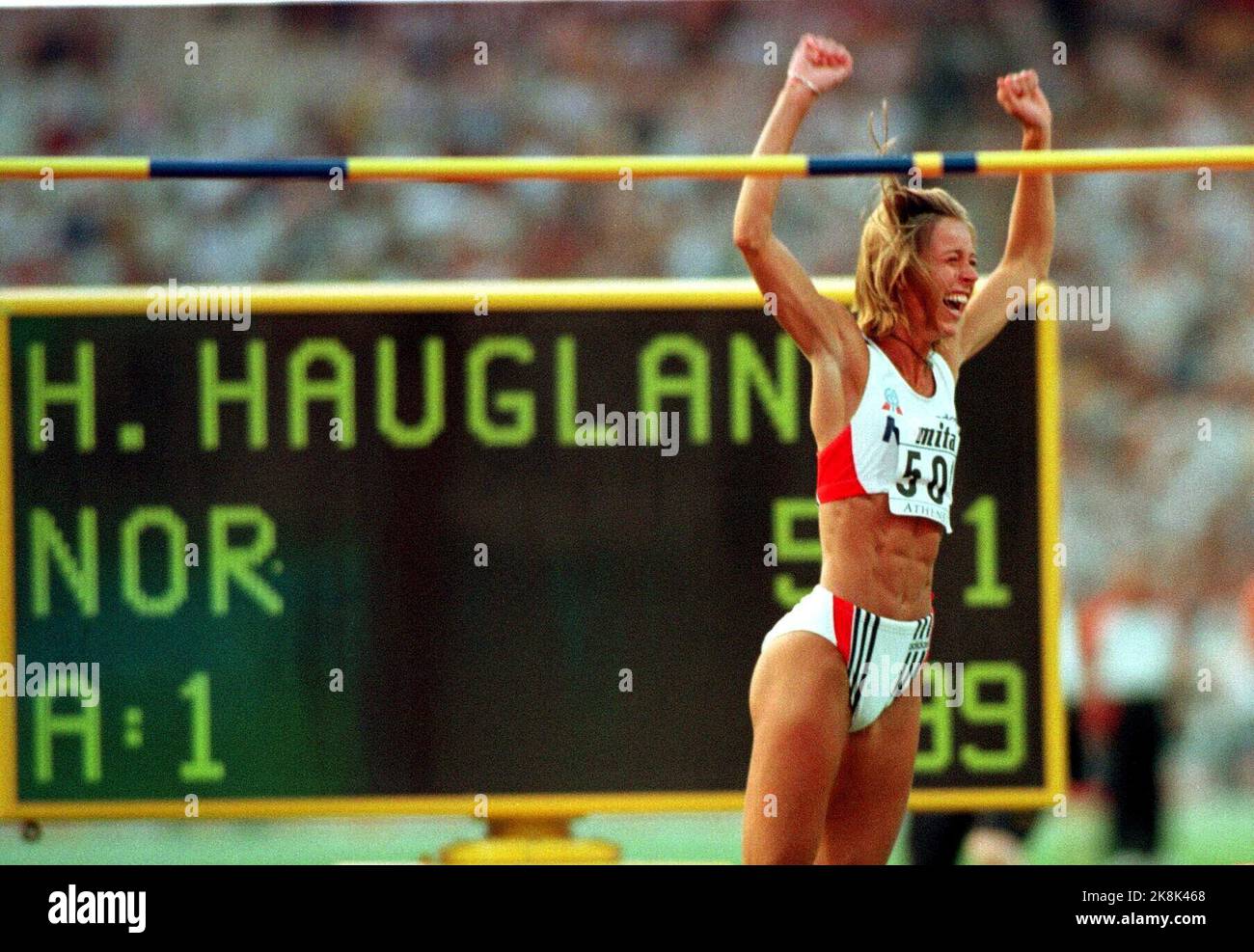 World Cup Athletics - Athens 1997 A jumping happy Hanne Haugland after ...