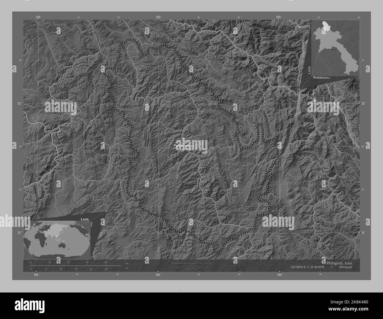 Phongsali, province of Laos. Grayscale elevation map with lakes and ...