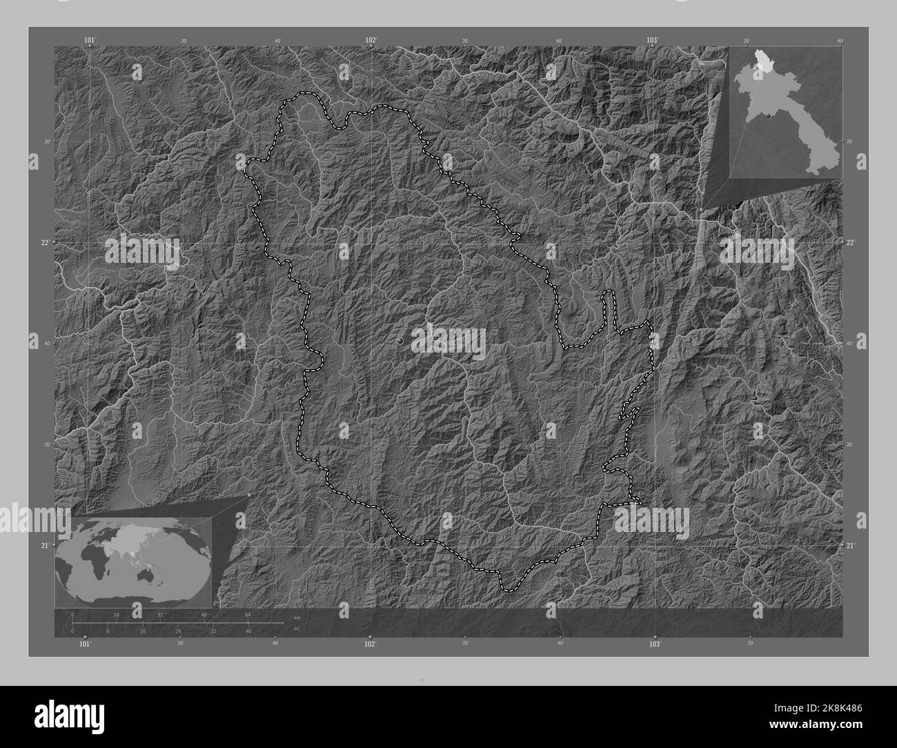 Phongsali, province of Laos. Grayscale elevation map with lakes and ...