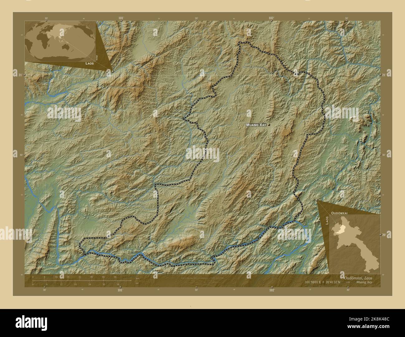 Oudomxai, province of Laos. Colored elevation map with lakes and rivers ...