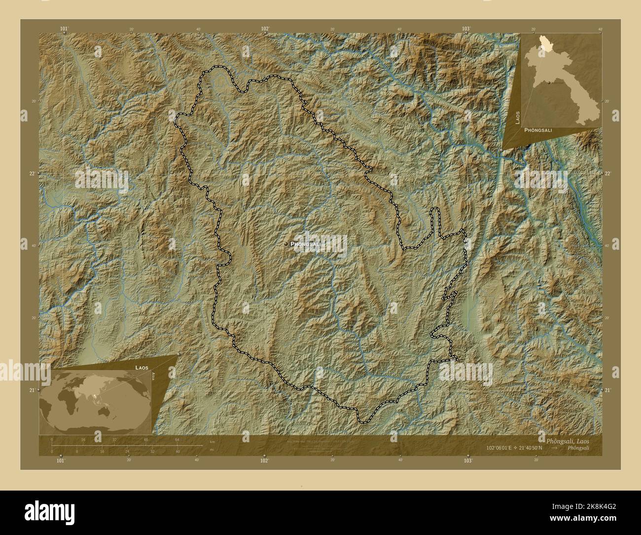 Phongsali, province of Laos. Colored elevation map with lakes and ...