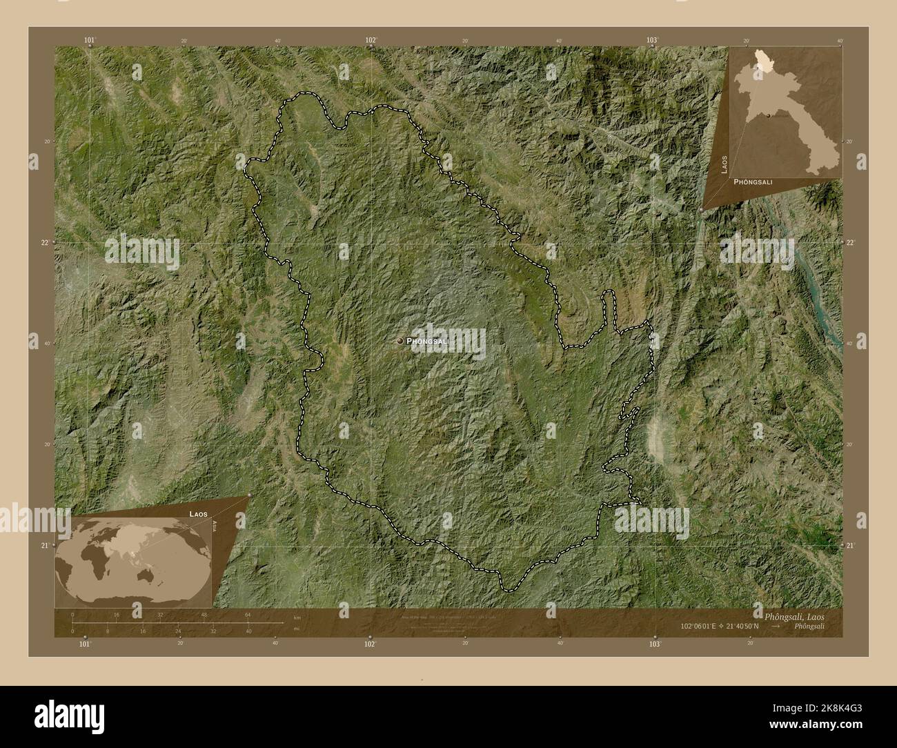 Phongsali, province of Laos. Low resolution satellite map. Locations ...