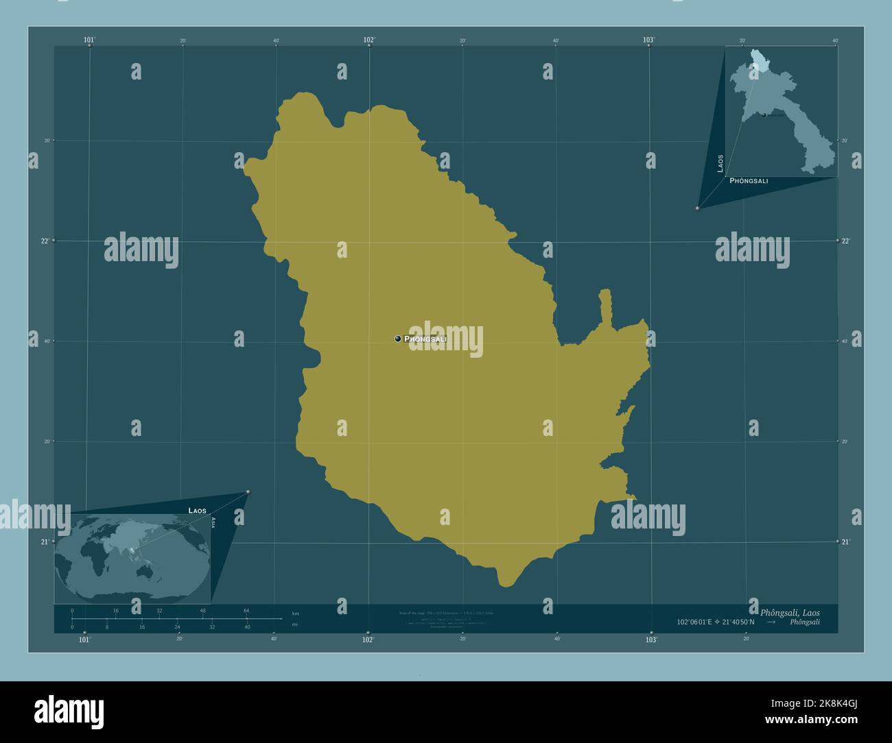 Phongsali, province of Laos. Solid color shape. Locations and names of ...