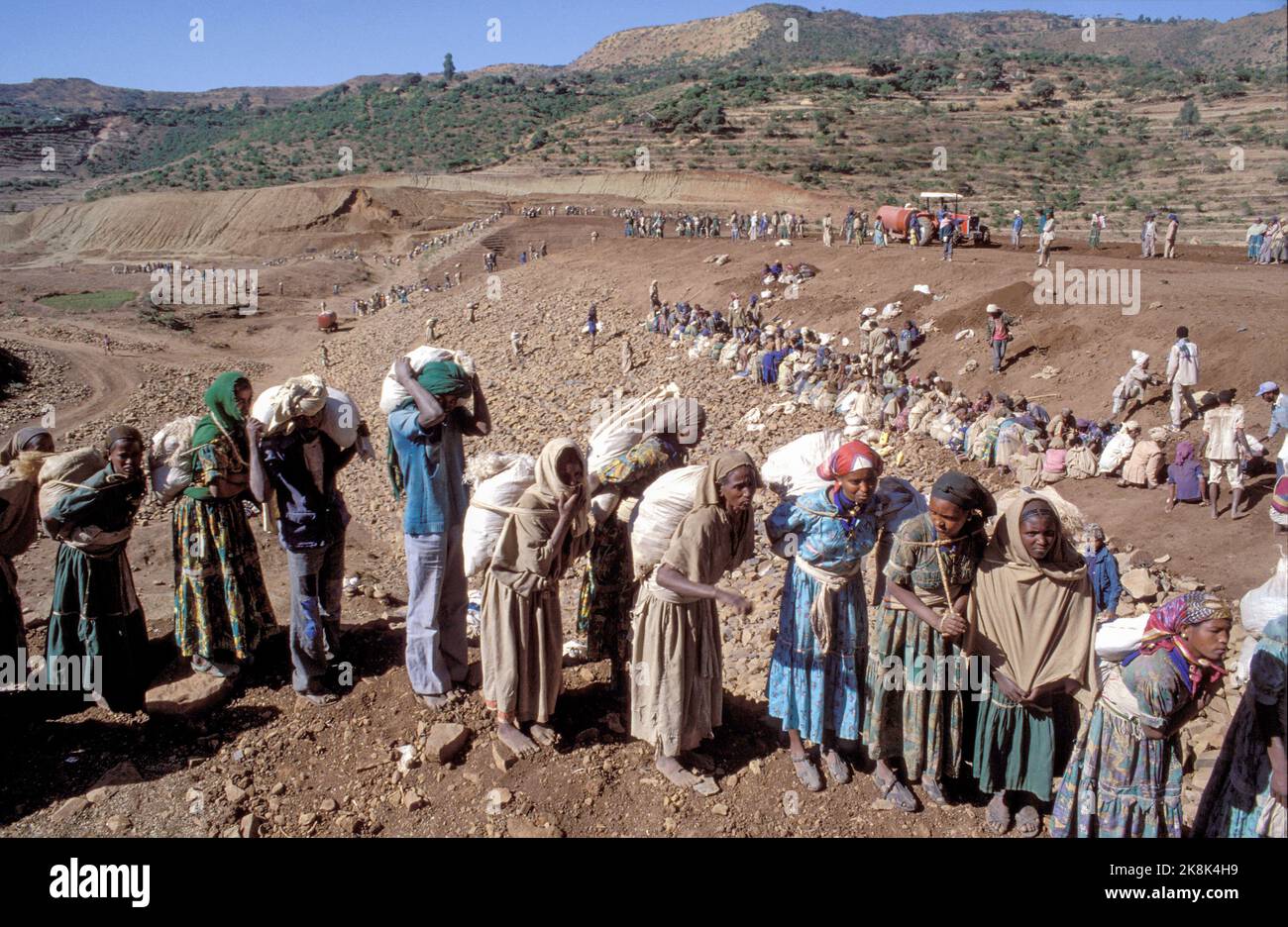 Ethiopia, Tigray - People working on the construction of a dam. A ...