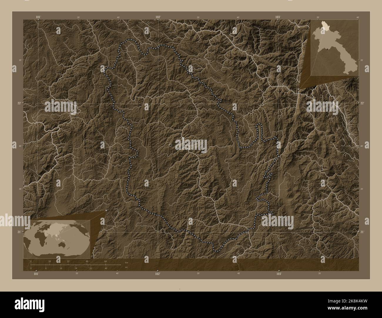 Phongsali, province of Laos. Elevation map colored in sepia tones with ...