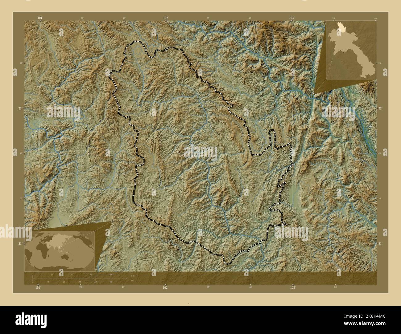 Phongsali, province of Laos. Colored elevation map with lakes and ...