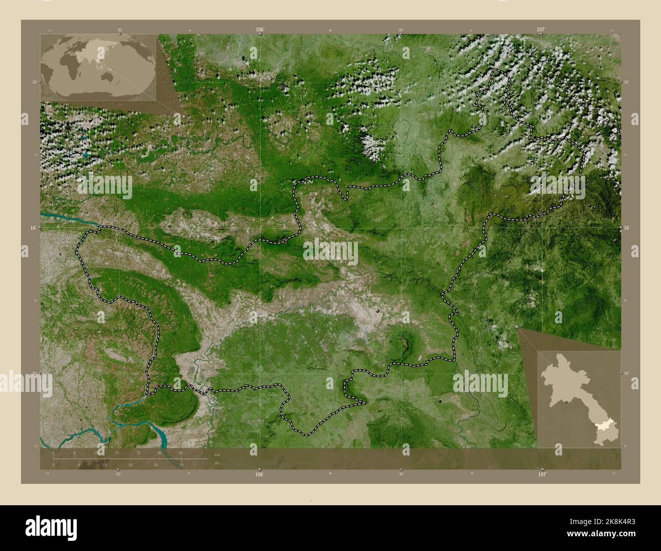 Saravan, province of Laos. High resolution satellite map. Corner ...