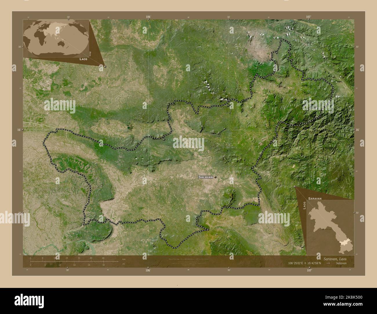 Saravan, province of Laos. Low resolution satellite map. Locations and ...
