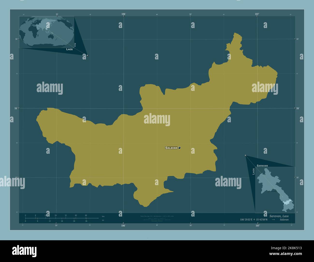 Saravan, province of Laos. Solid color shape. Locations and names of ...