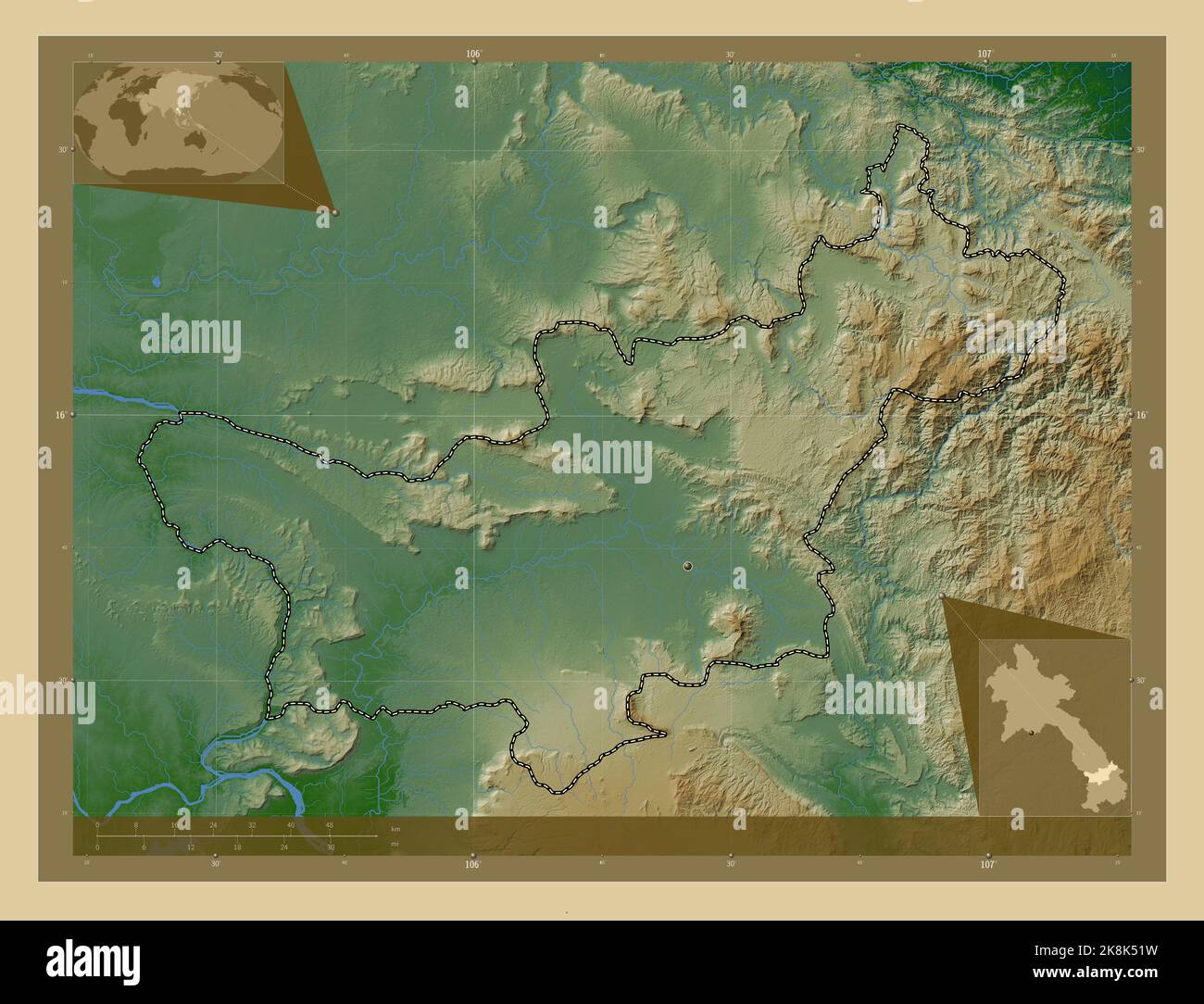 Saravan, province of Laos. Colored elevation map with lakes and rivers ...