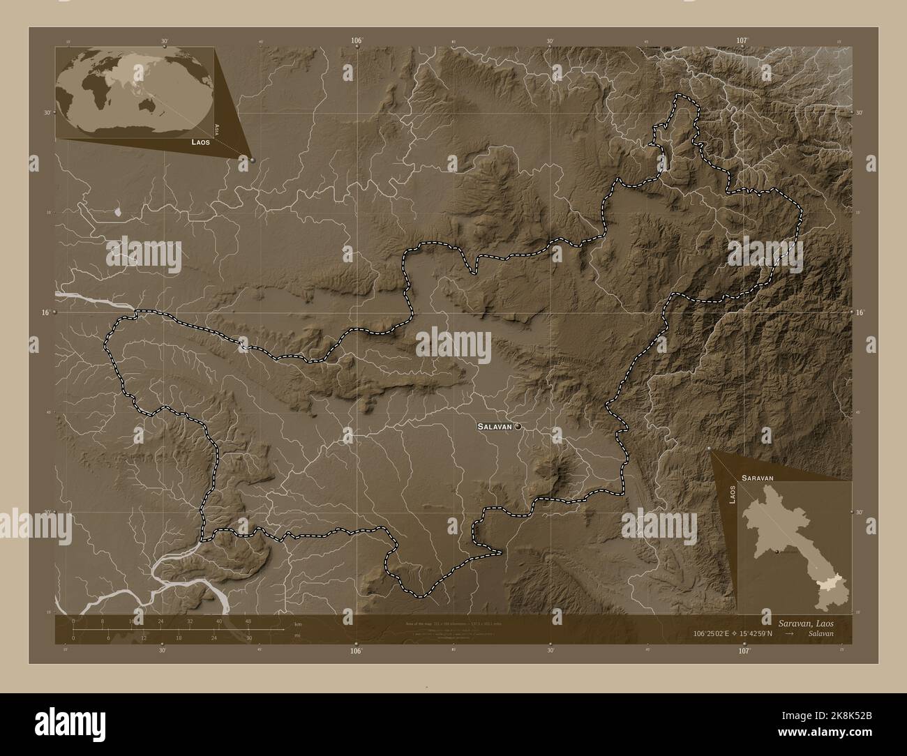 Saravan, province of Laos. Elevation map colored in sepia tones with ...