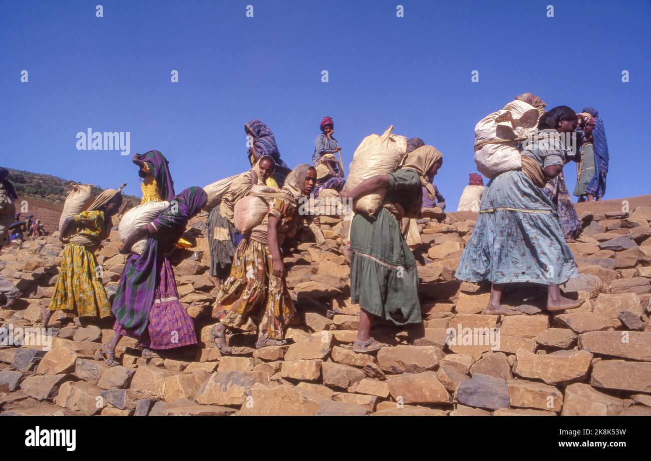 Ethiopia, Hahaile, near Axum - People working on the construction of a ...
