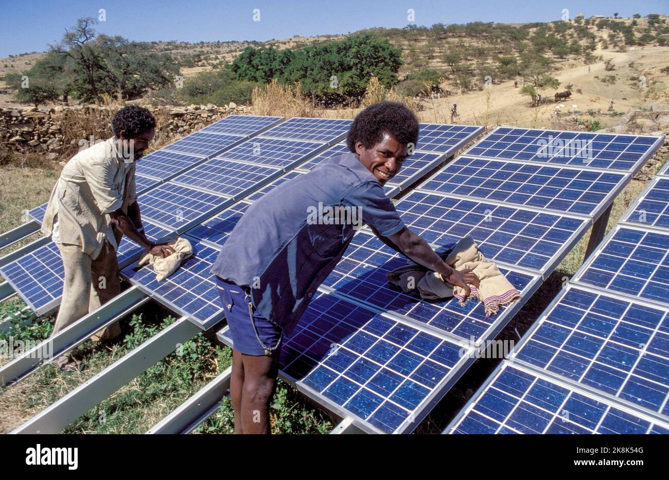 Ethiopia, Tigray; the cleaning of solar panels in the desert Stock ...