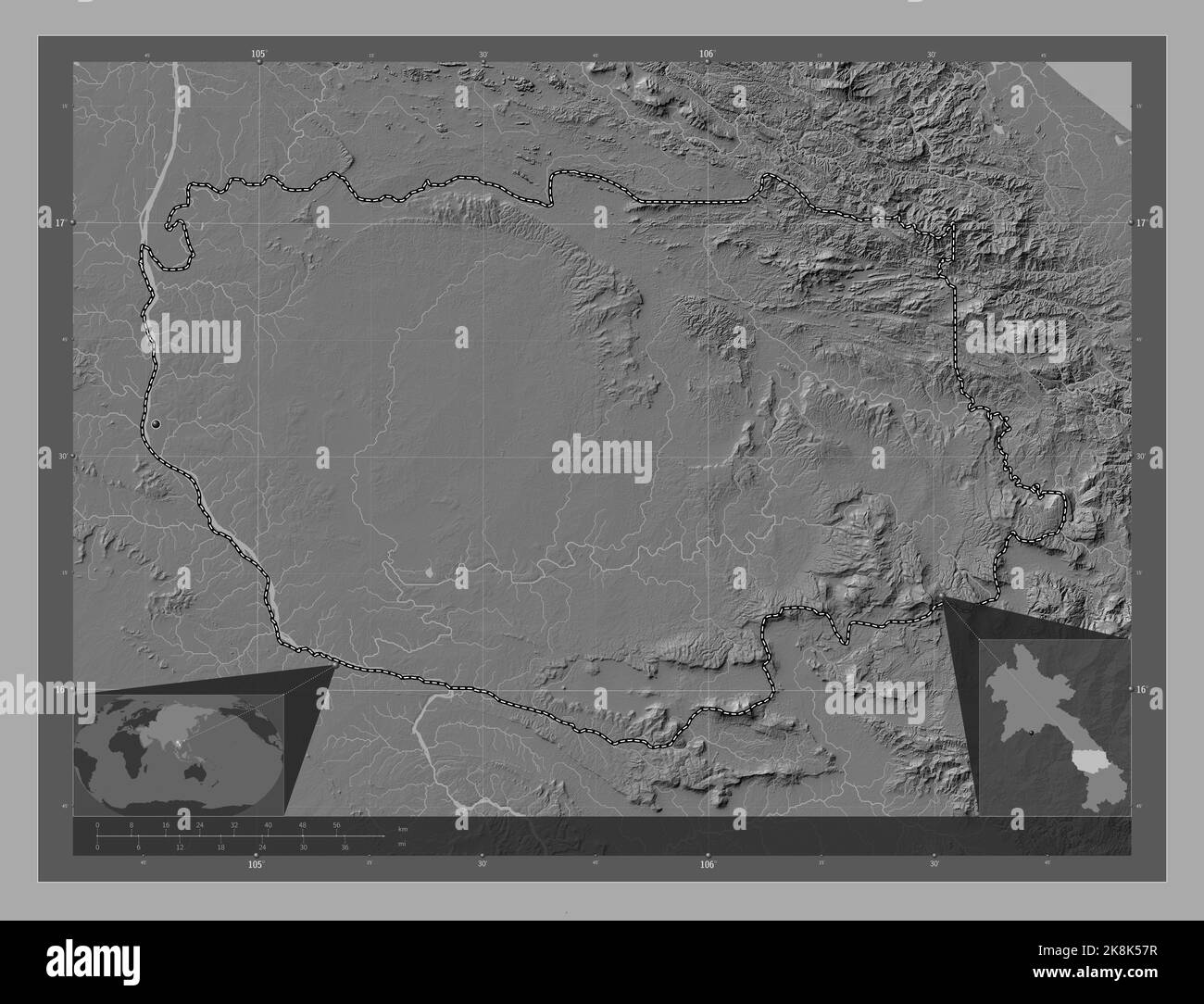 Savannakhet, province of Laos. Bilevel elevation map with lakes and ...