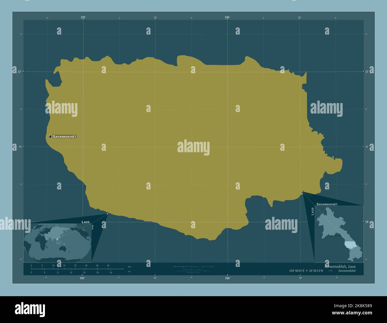 Savannakhet, province of Laos. Solid color shape. Locations and names ...