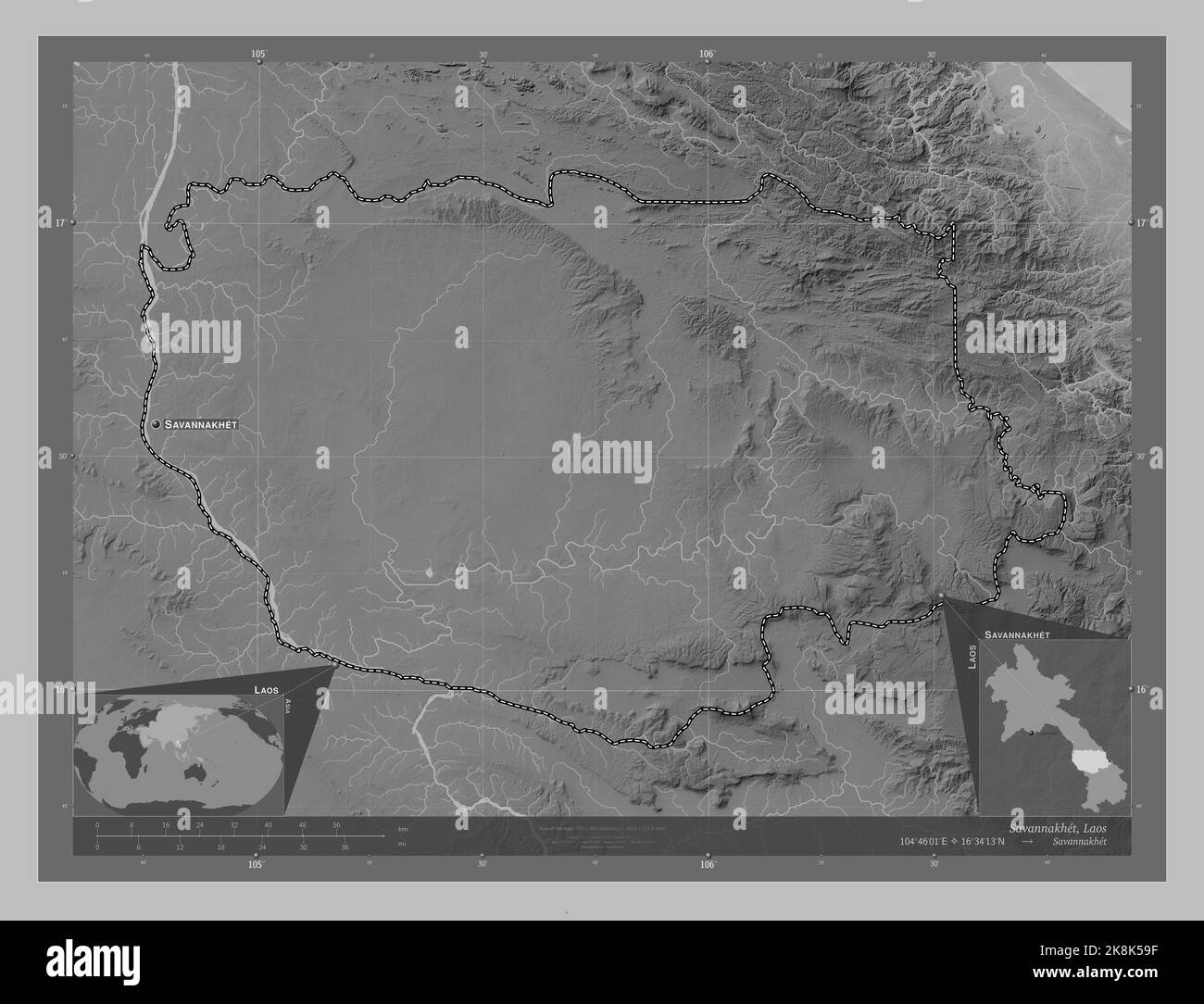 Savannakhet, province of Laos. Grayscale elevation map with lakes and ...