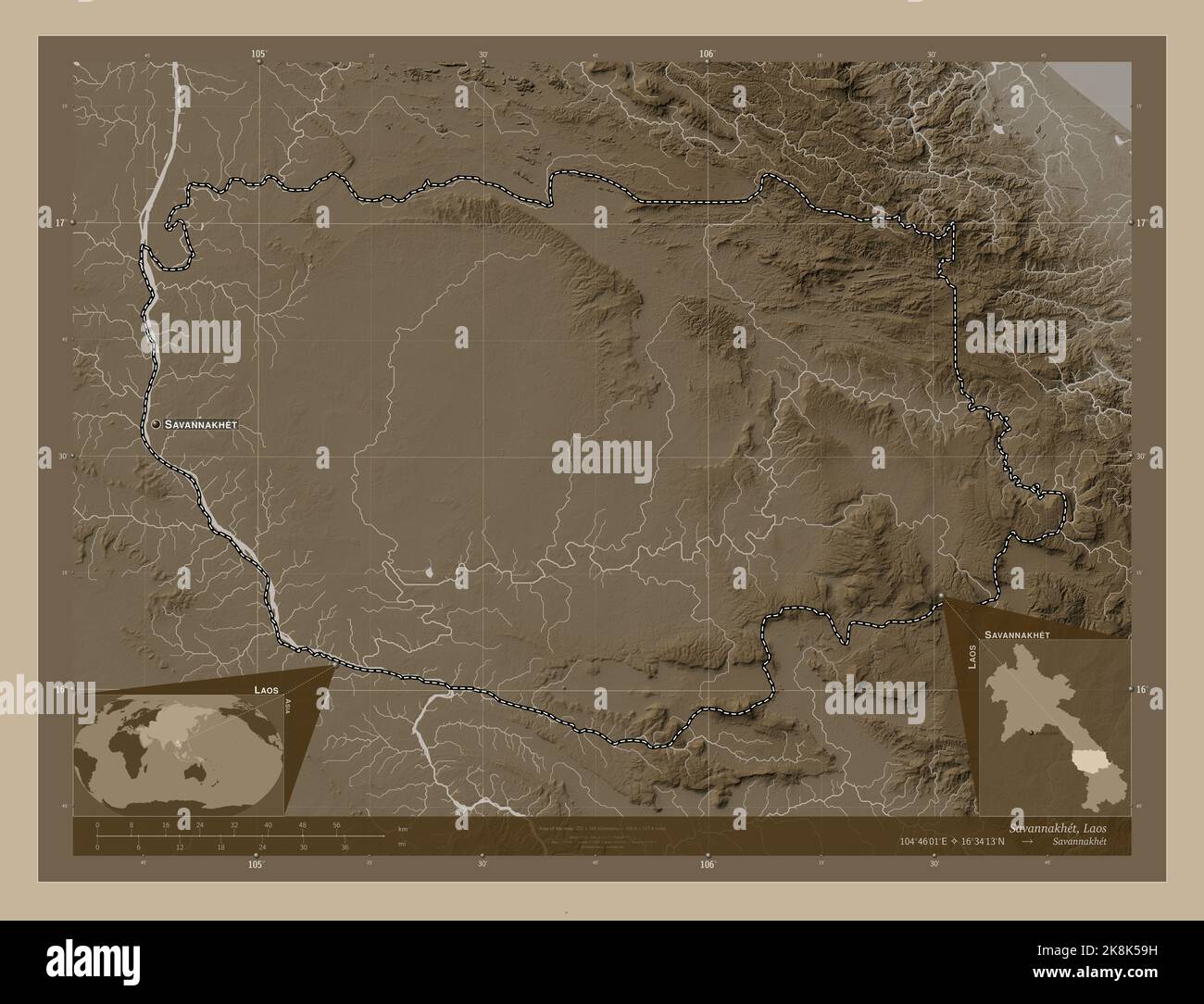 Savannakhet, province of Laos. Elevation map colored in sepia tones ...