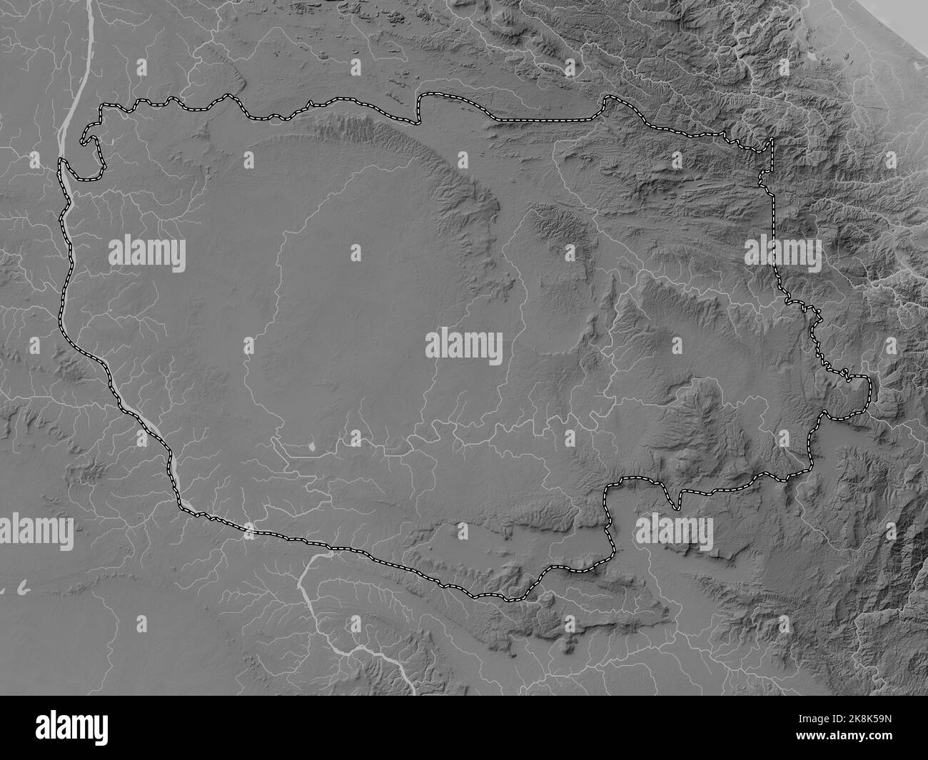 Savannakhet, province of Laos. Grayscale elevation map with lakes and ...