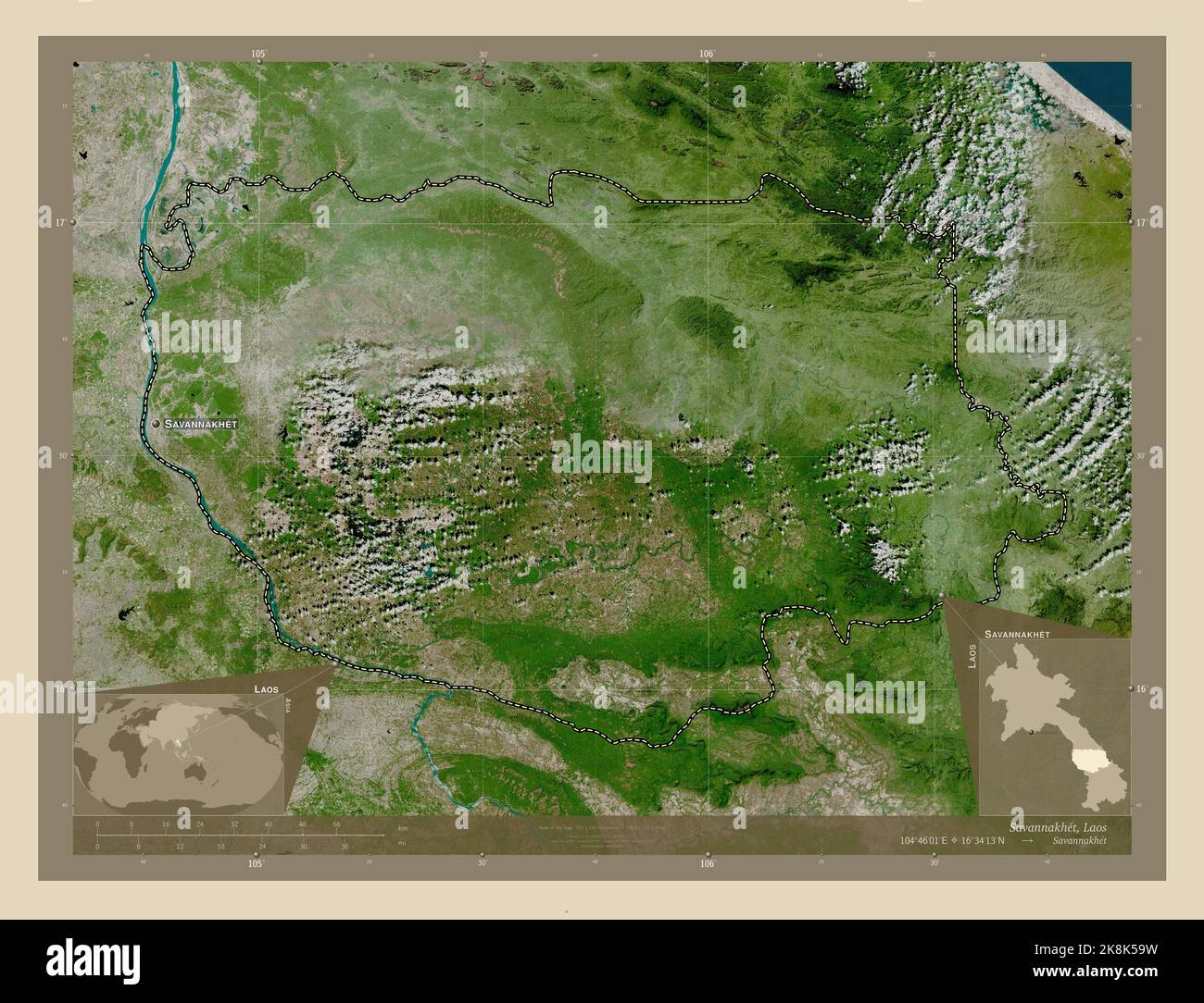 Savannakhet, province of Laos. High resolution satellite map. Locations ...