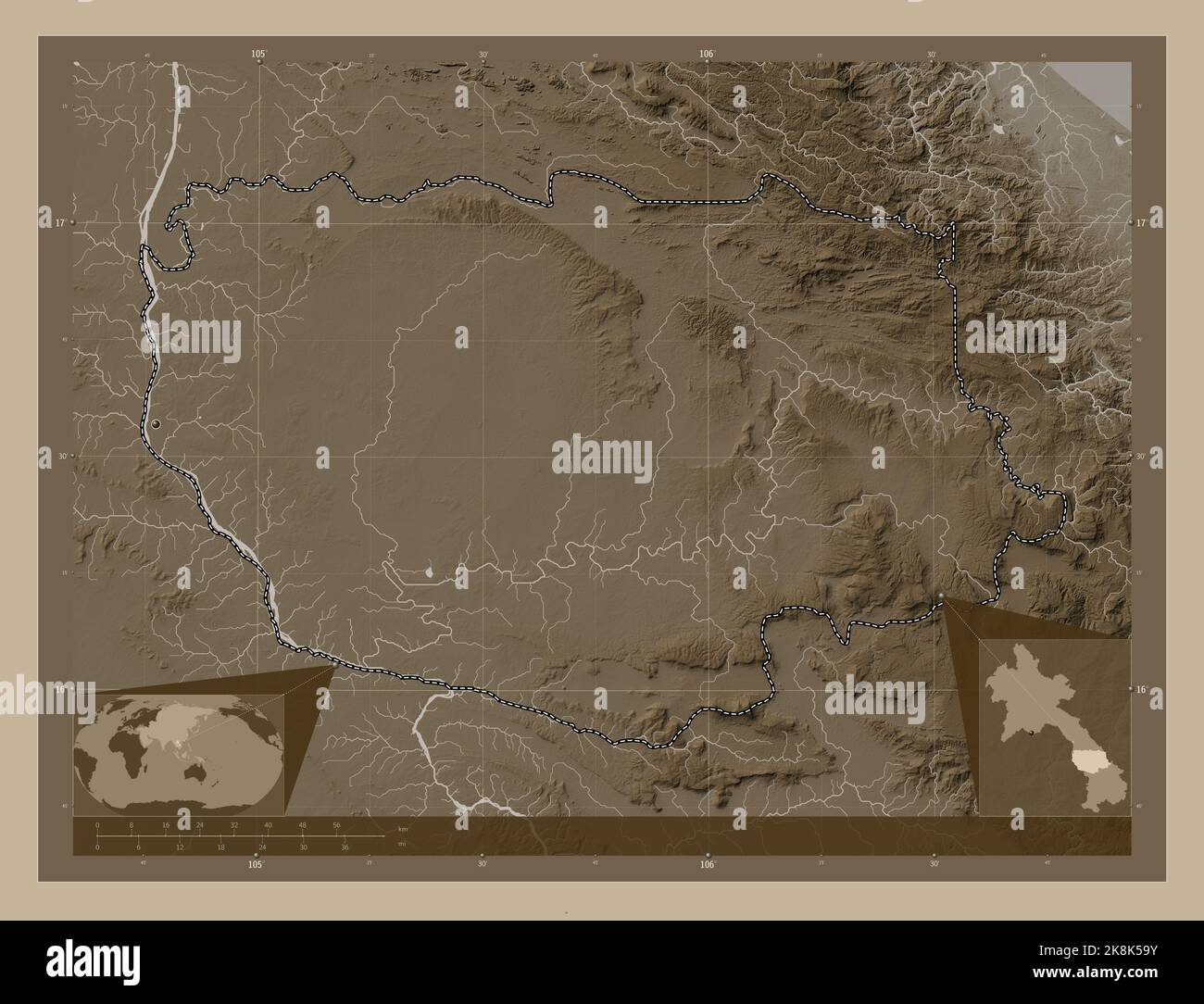 Savannakhet, province of Laos. Elevation map colored in sepia tones ...