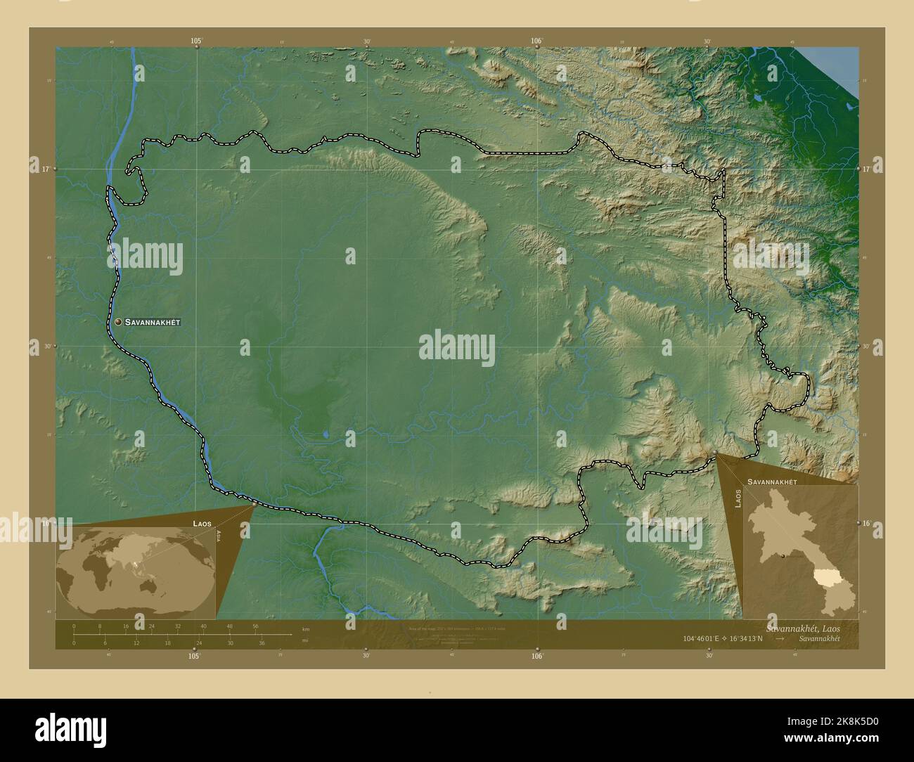 Savannakhet, province of Laos. Colored elevation map with lakes and ...
