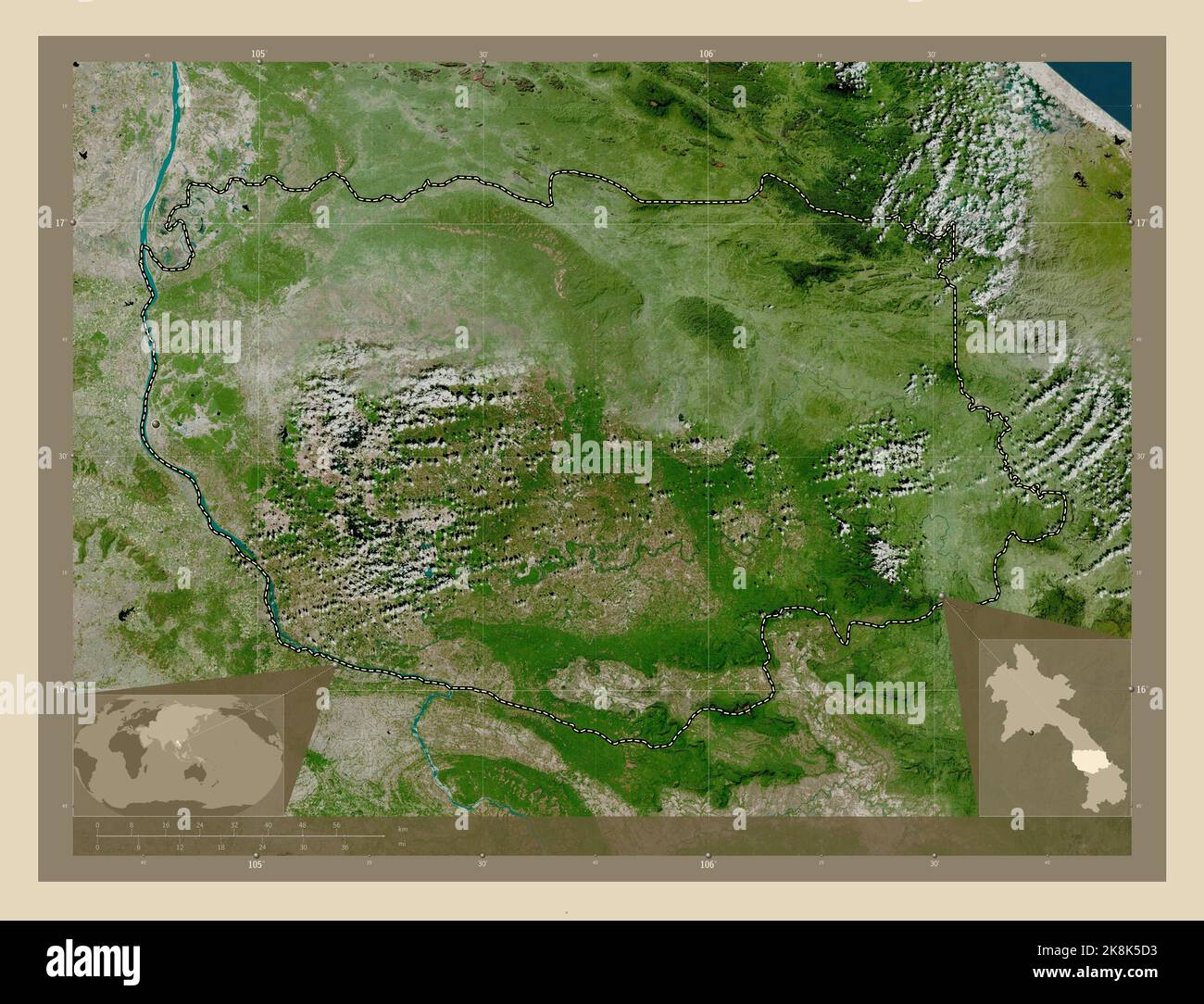 Savannakhet, province of Laos. High resolution satellite map. Corner ...