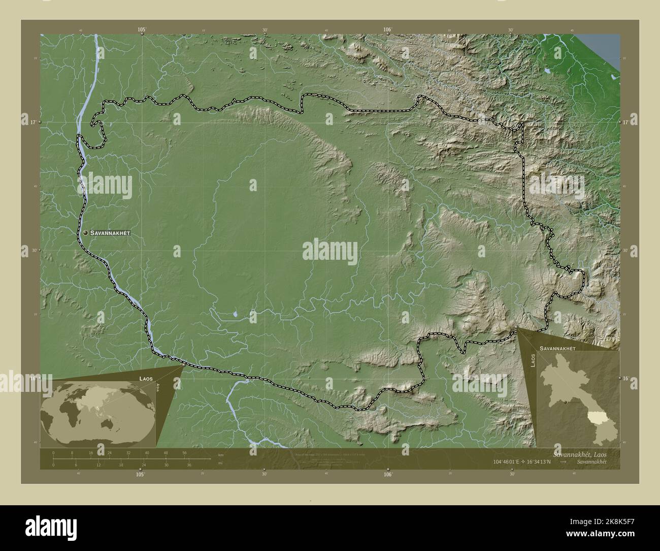 Savannakhet, province of Laos. Elevation map colored in wiki style with lakes and rivers ...