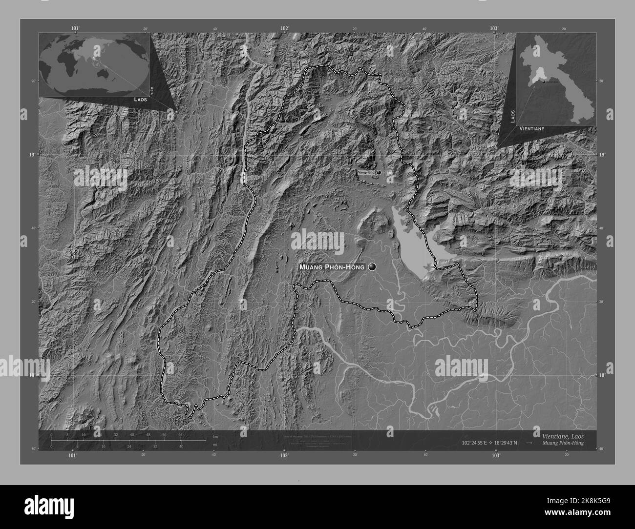 Vientiane, province of Laos. Bilevel elevation map with lakes and ...