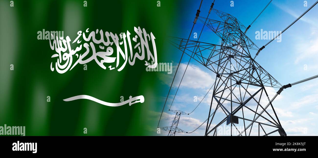Saudi Arabia - country flag and electricity pylons - 3D illustration ...