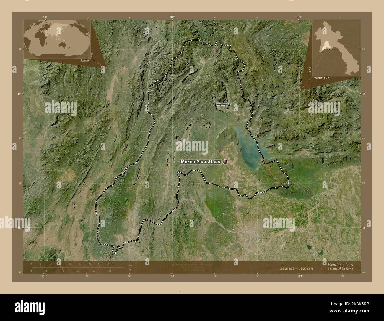 Vientiane, province of Laos. Low resolution satellite map. Locations ...
