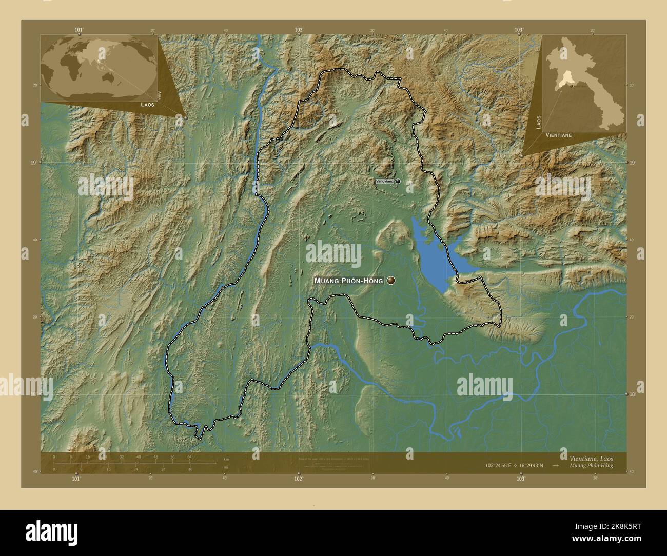 Vientiane, province of Laos. Colored elevation map with lakes and ...